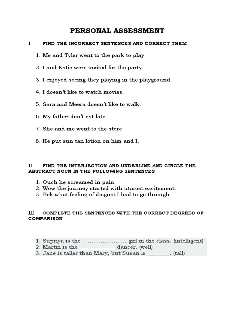 Personal Grammar, Punctuation, and Parts of Speech Assessment | PDF