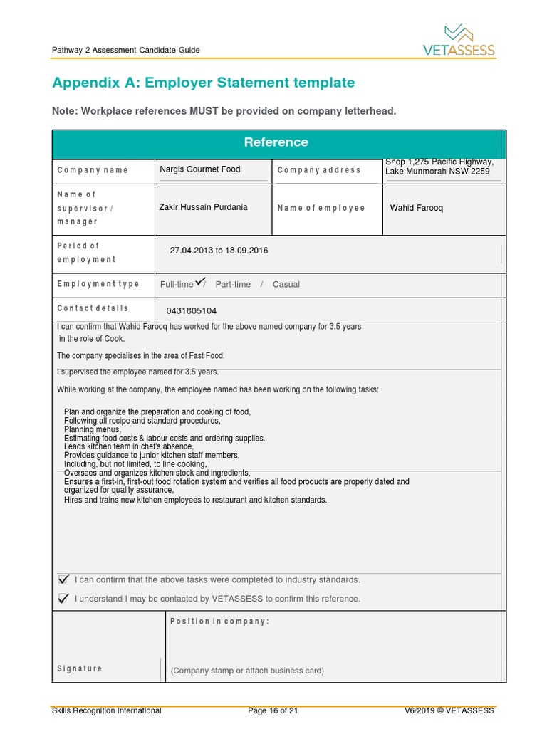 Appendix A: Employer Statement Template: Reference | PDF