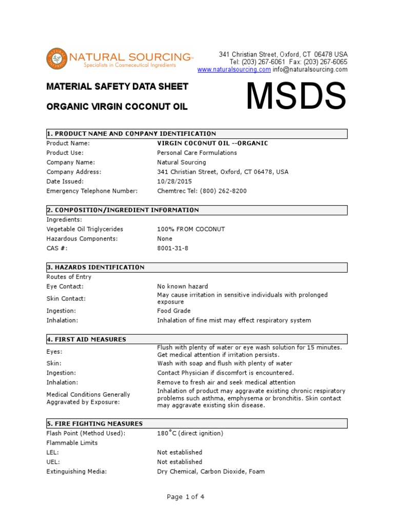 MSDS Organic Virgin Coconut Oil | PDF | Dangerous Goods | Carbon Dioxide