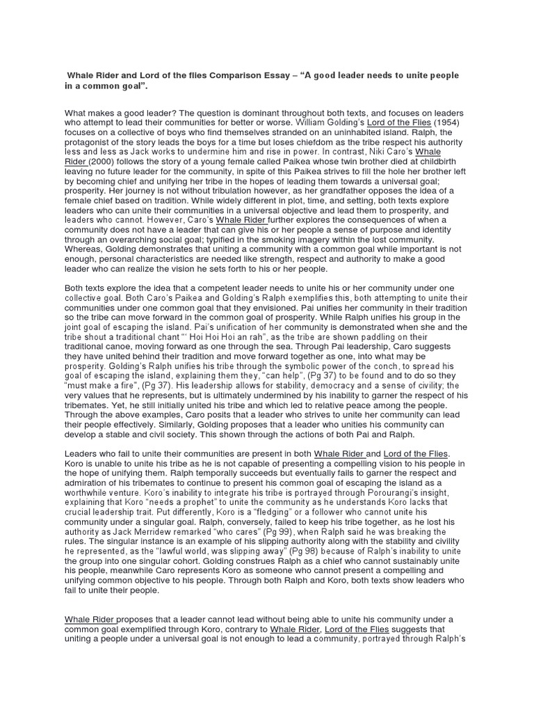Whale Rider and Lord of The Flies Comparison Essay | PDF | Leadership