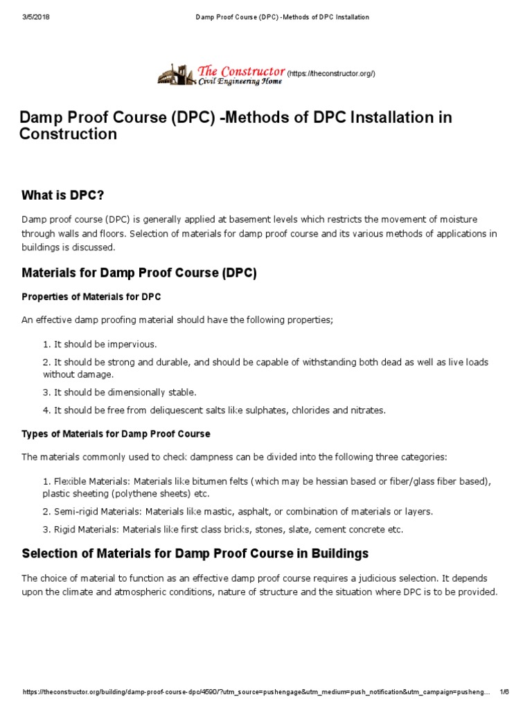 Damp Proof Course (DPC) - Methods of DPC Installation | PDF | Asphalt | Concrete
