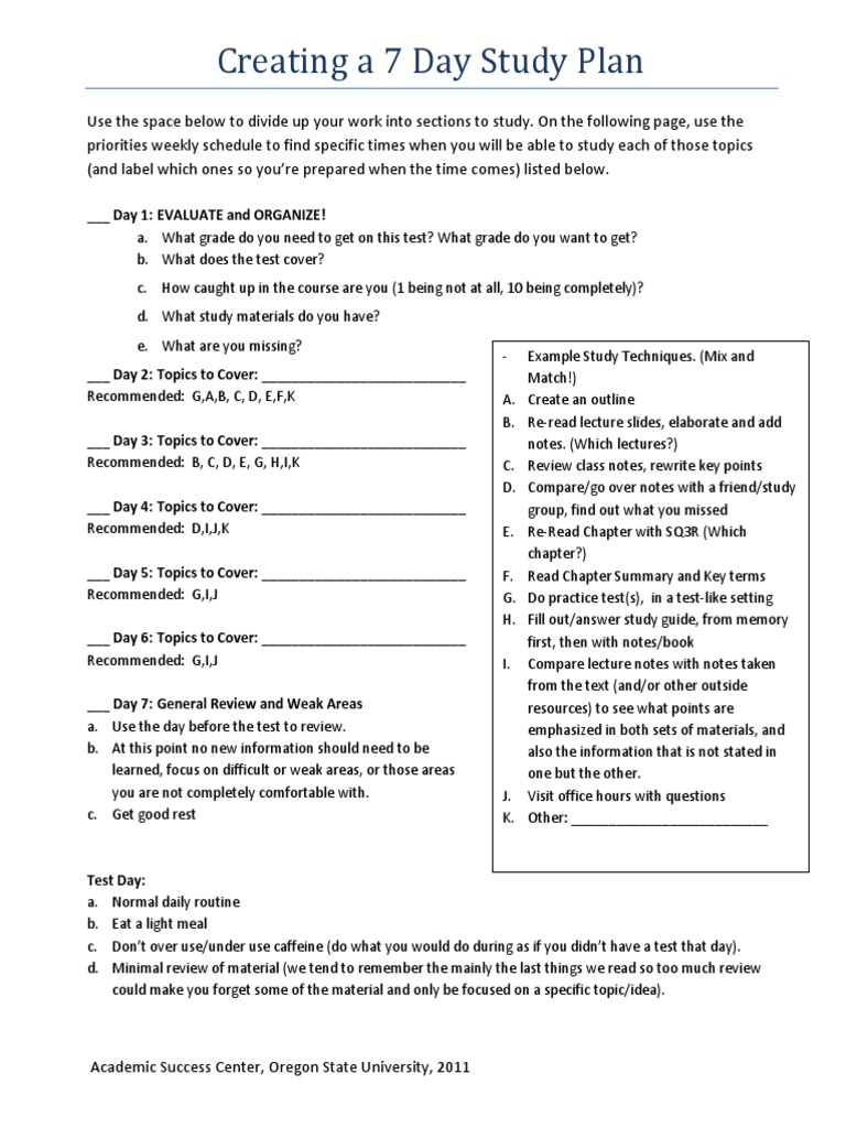 Creating A 7 Day Study Plan | PDF | Learning | Cognition