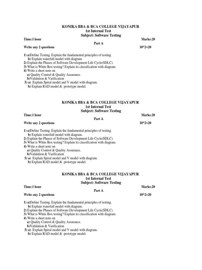 1st Internal Test Subject: Software Testing: Konika Bba & Bca College ...