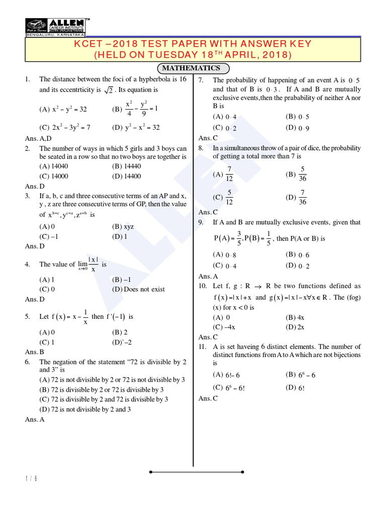 Kcet - 2018 Test Paper With Answer Key (Held On Tuesday 18 APRIL, 2018 ...