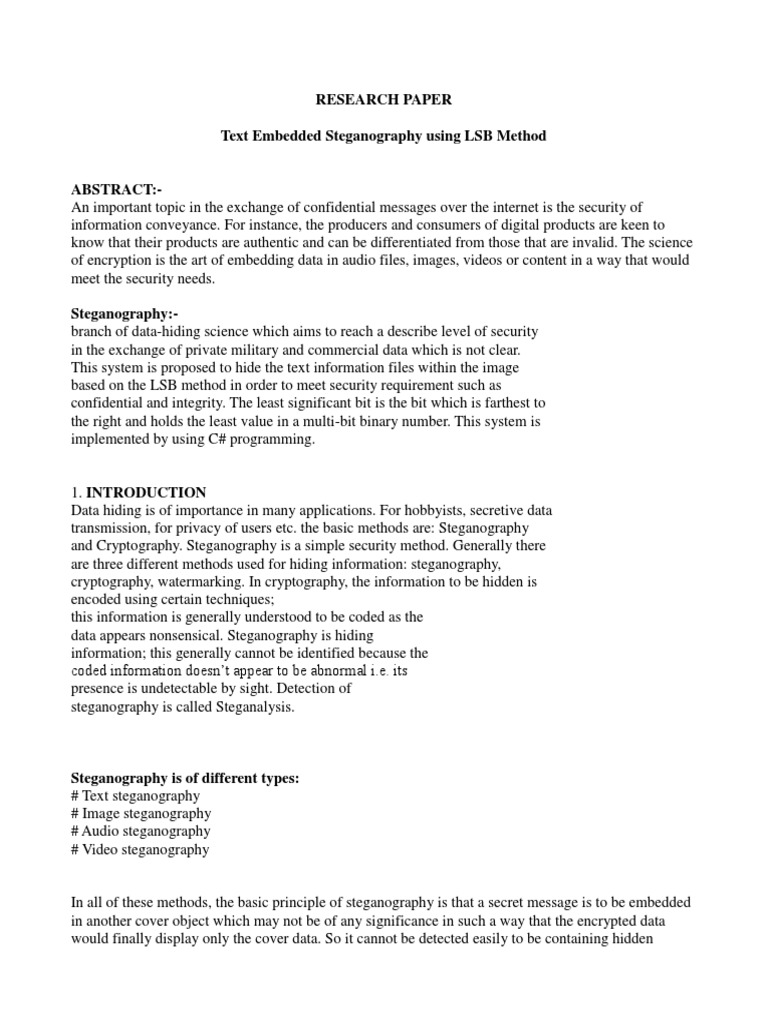 Research Paper Text Embedded Steganography Using LSB Method | PDF | Encryption | Cryptography