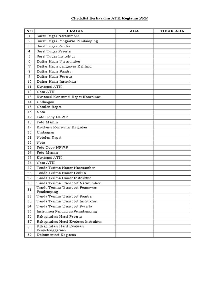 Checklist Berkas Kegiatan PKP | PDF