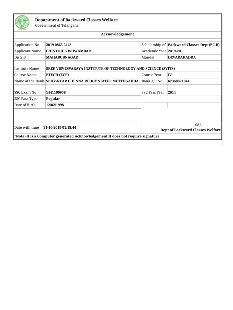 Department of Backward Classes Welfare | PDF