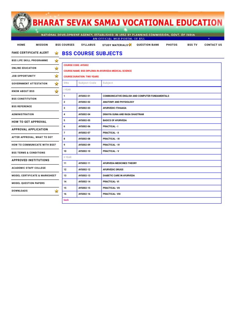 Bharat Sevak Samaj - BSS - Vocational Education - Courses, Subjects | PDF