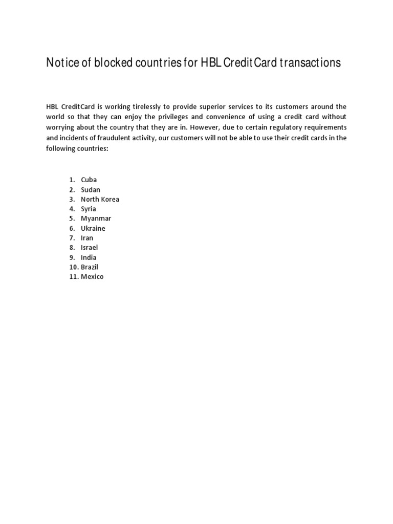List of Blocked Countries (HBL CreditCard) PDF | PDF