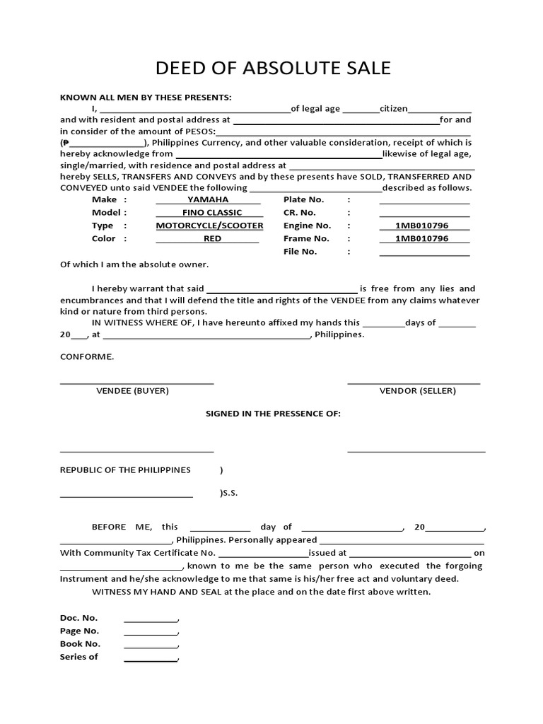 Deed of Absolute Sale | PDF | Deed | Common Law