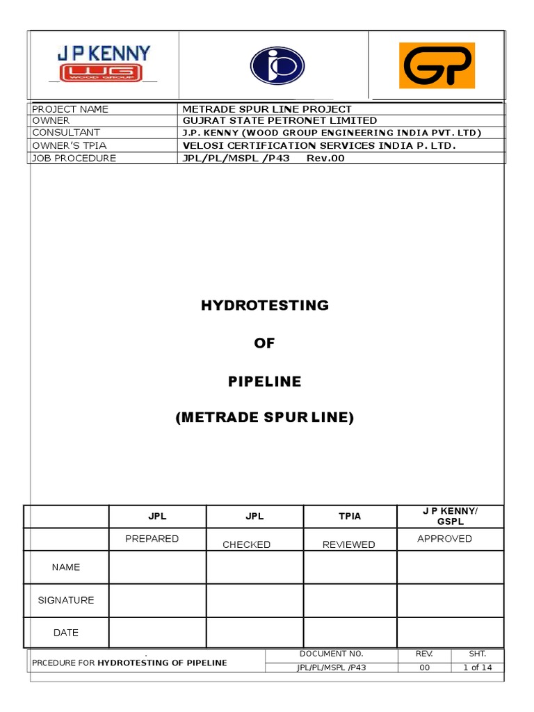 Hydrotesting Procedure for Metrade Pipeline | PDF | Calibration | Pressure