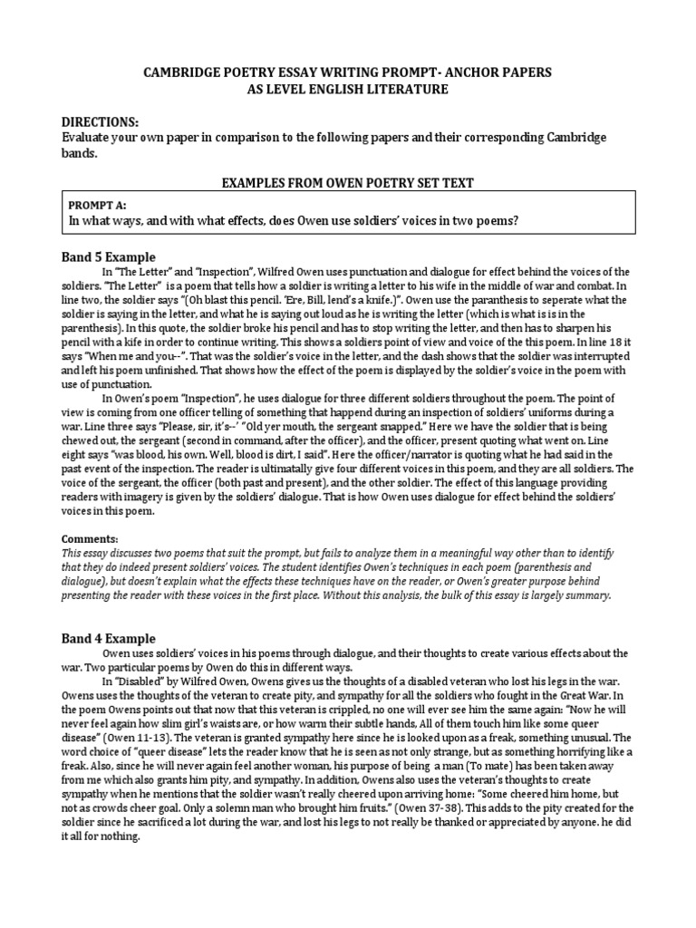 Cambridge Poetry Essay Writing Prompt-Anchor Papers As Level English ...