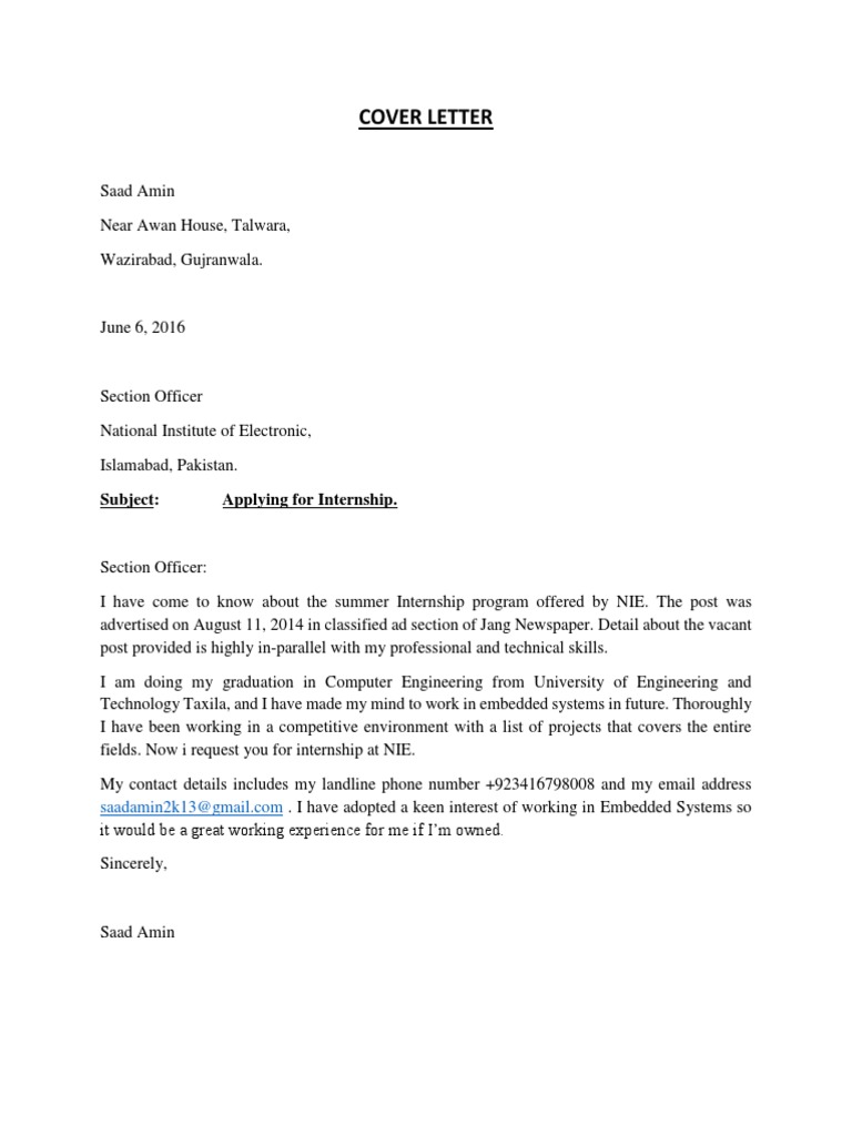 Cover Letter: Subject: Applying For Internship | PDF