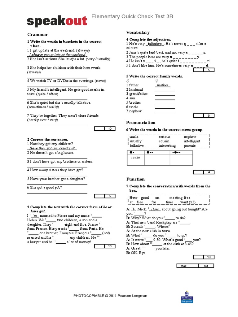 Elementary Quick Check Test 3B: Grammar Vocabulary | PDF | Linguistic ...