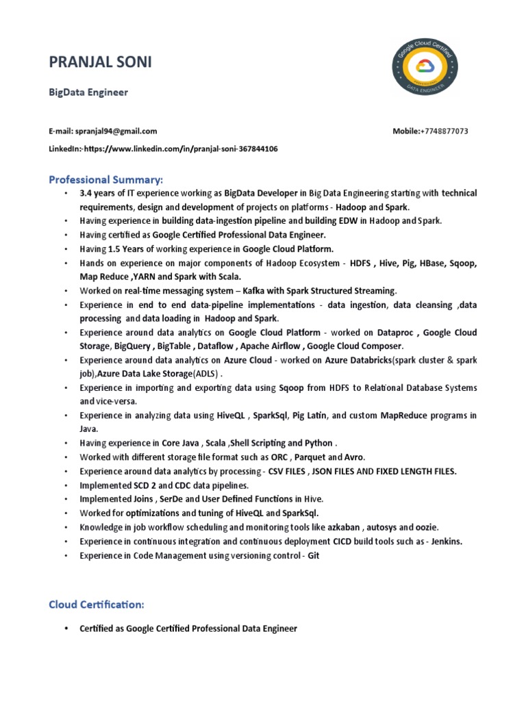 Pranjal Soni: Professional Summary | PDF | Apache Hadoop | Apache Spark