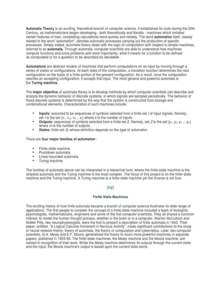 Automata Theory Is An Exciting, Theoretical Branch of Computer Science. It Established Its Roots ...