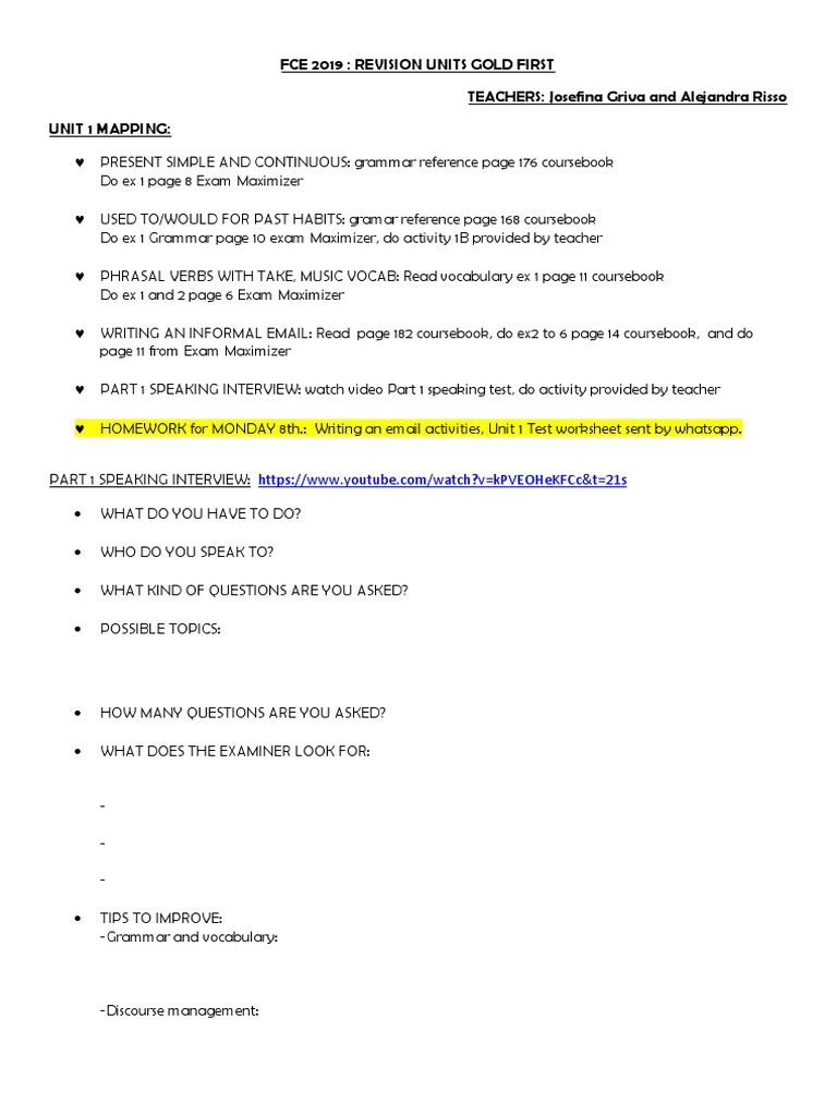 FCE Revision UNIT 1 Mapping | PDF
