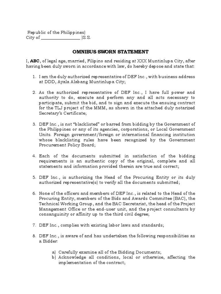 Omnibus Sworn Statement | PDF | Notary Public | Government Information