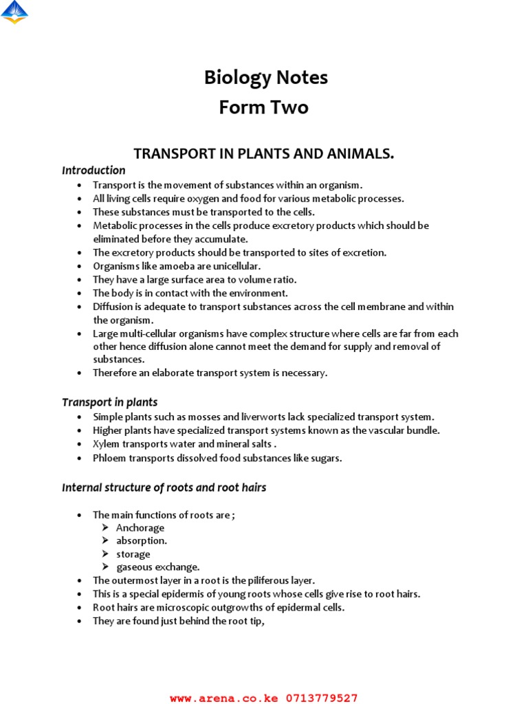 Biology Notes Form Two: Transport in Plants and Animals | Download Free ...