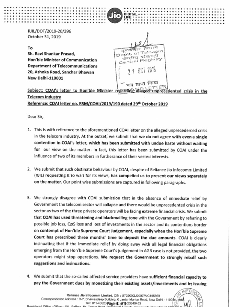 Reliance Jio To DoT COAI: Letters To Hon'Ble Minister Regarding Alleged ...
