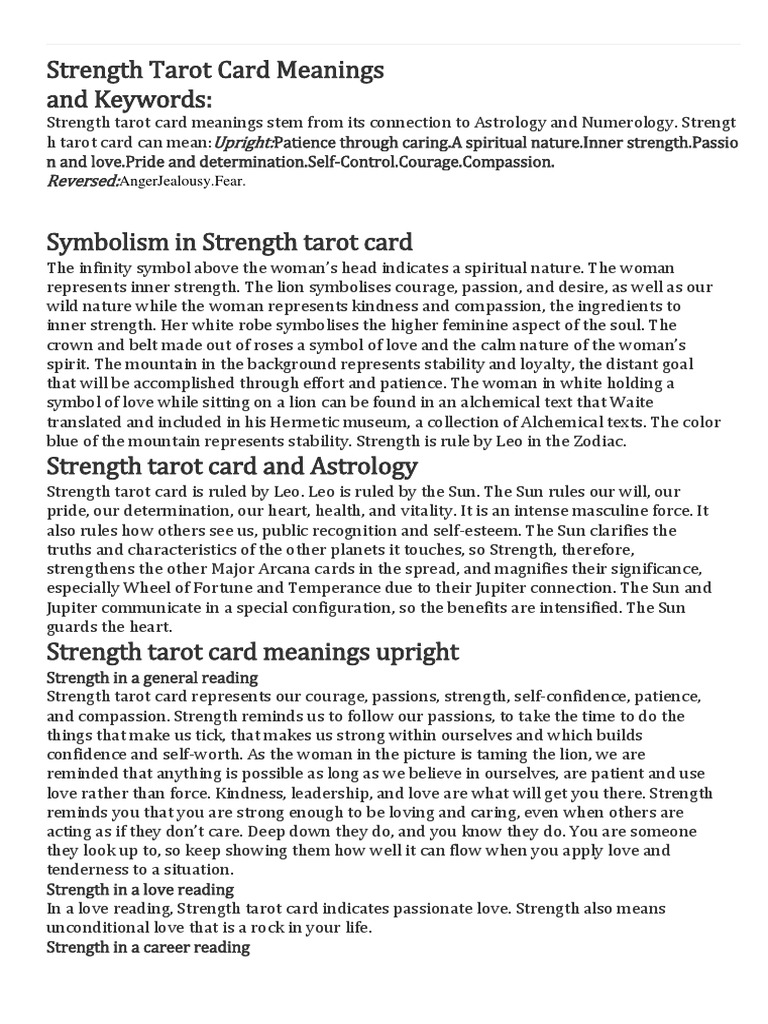 Strength Tarot Card Meanings and Keywords:: Upright: Reversed | PDF ...