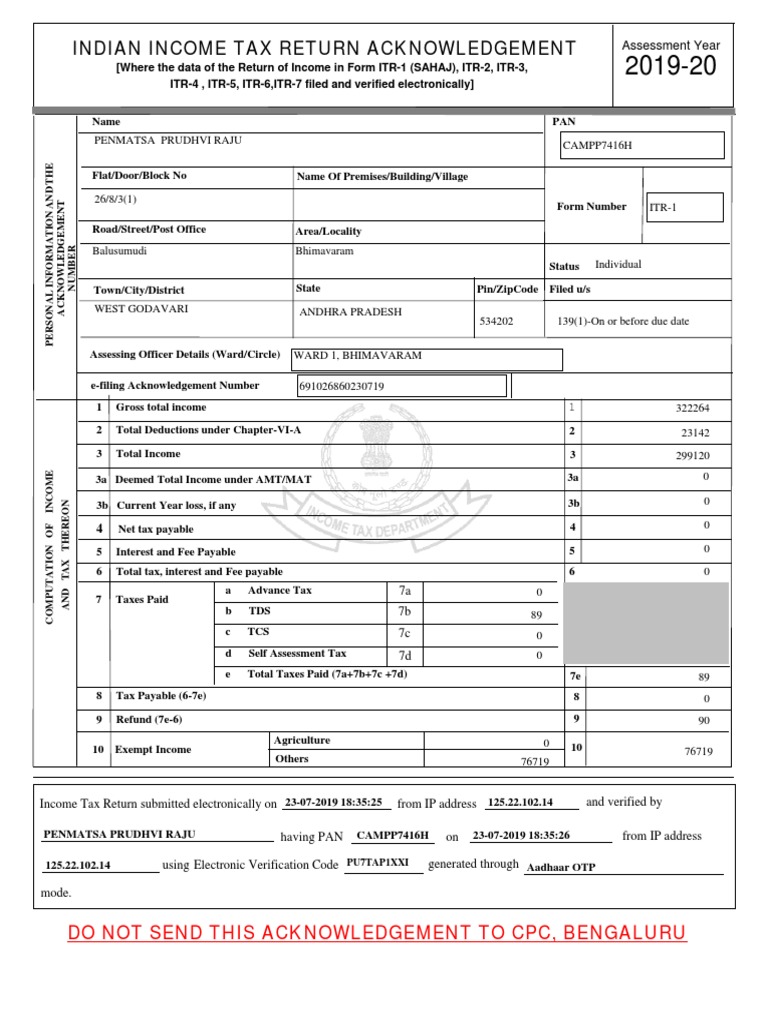 Indian Income Tax Return Acknowledgement: Do Not Send This ...