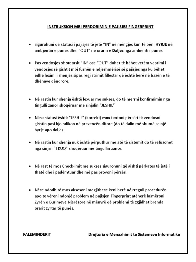 Manual Perdorimi Fingerprint PDF A4 | PDF