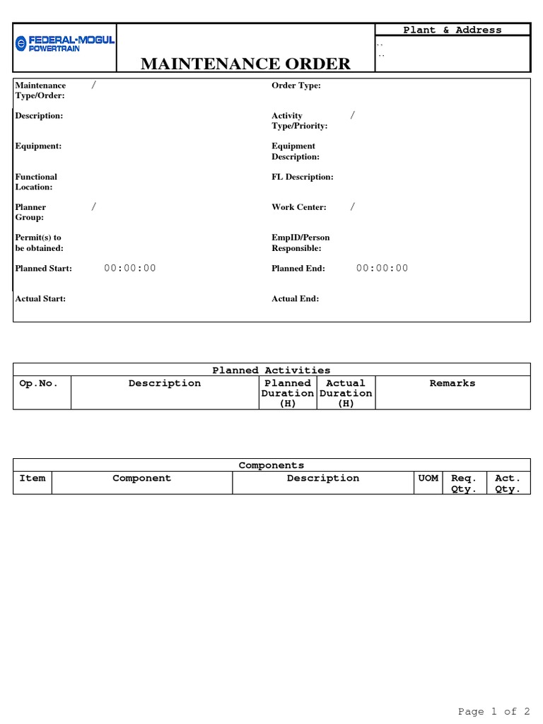 Maintenance Order Form | PDF