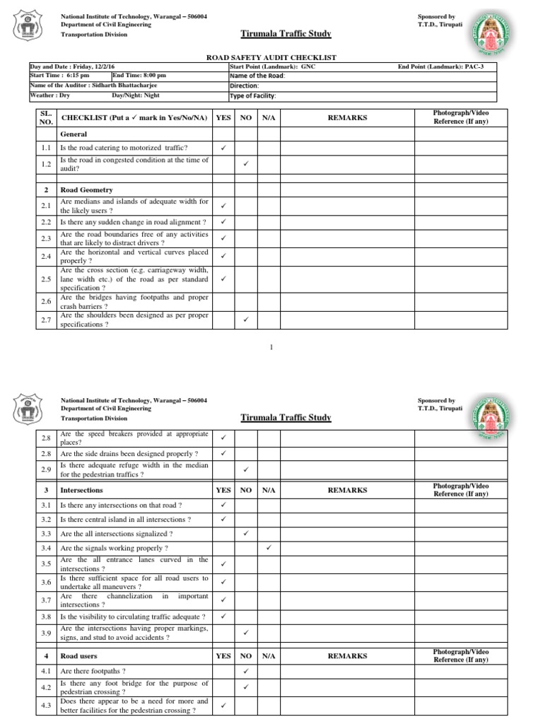 Tirumala Traffic Study: Road Safety Audit Checklist | PDF | Traffic ...