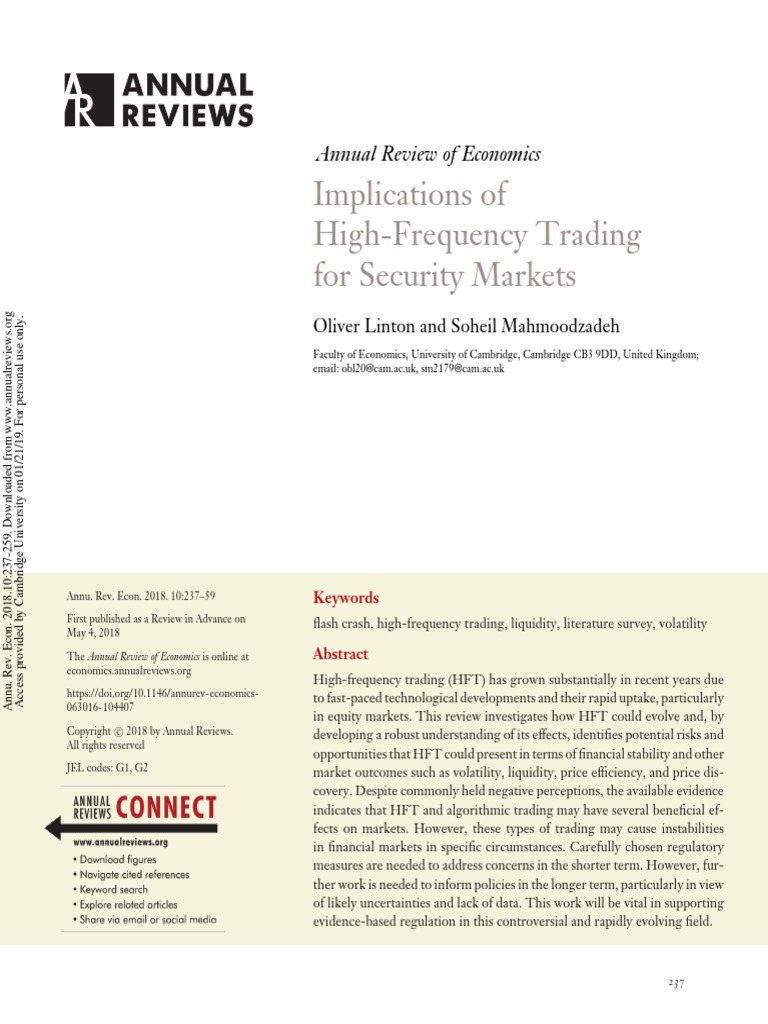 Implications of High-Frequency Trading For Security Markets: Annual ...