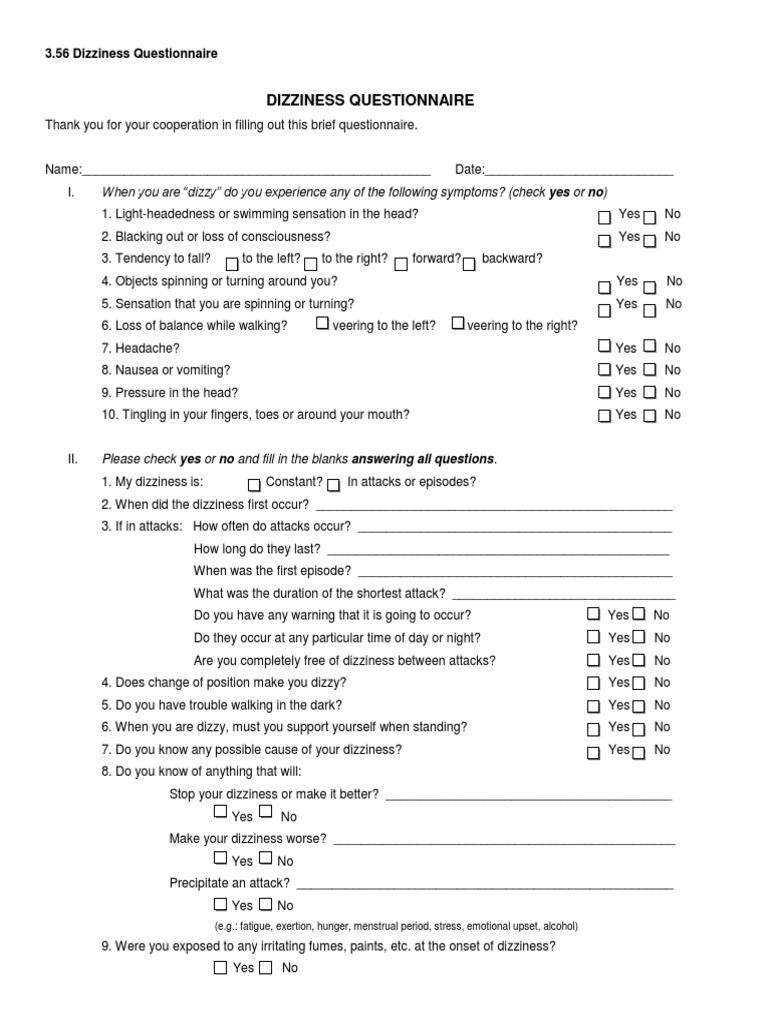 Dizziness Questionnaire: When You Are "Dizzy" Do You Experience Any of ...