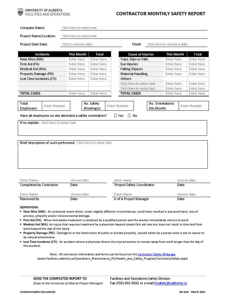 Contractor Monthly Safety Report: Incidents This Month Total Cause of ...