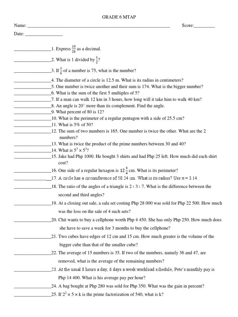 GRADE 6 MTAP Reviewers | PDF | Circle | Angle