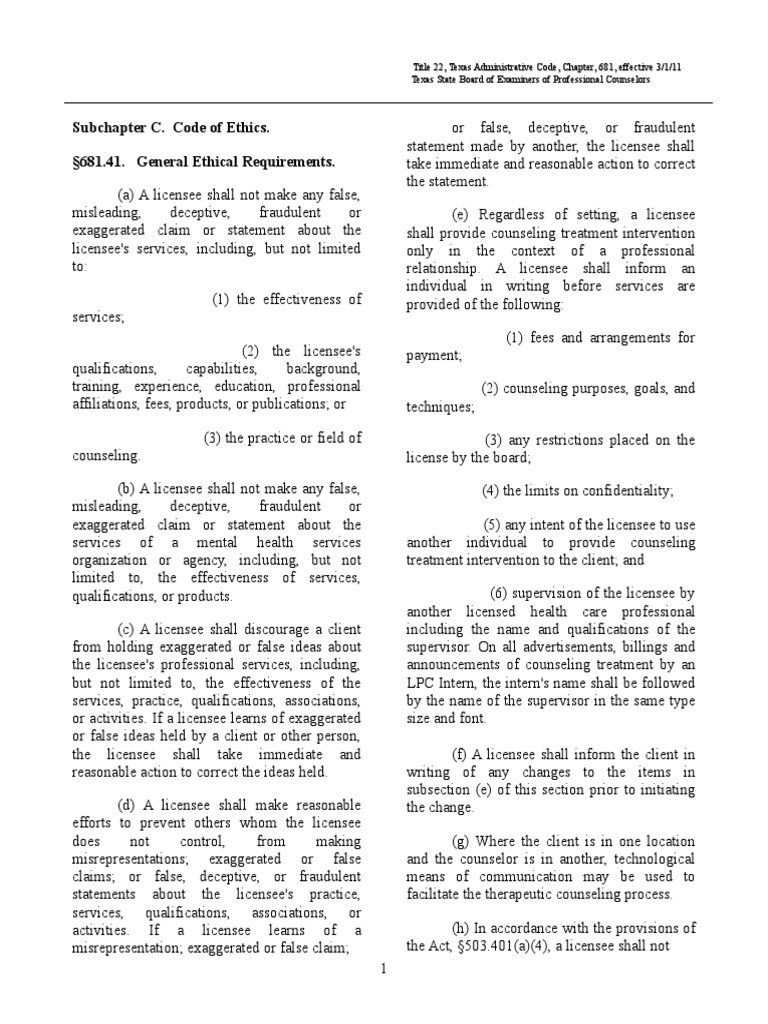 Subchapter C. Code of Ethics. 681.41. General Ethical Requirements ...