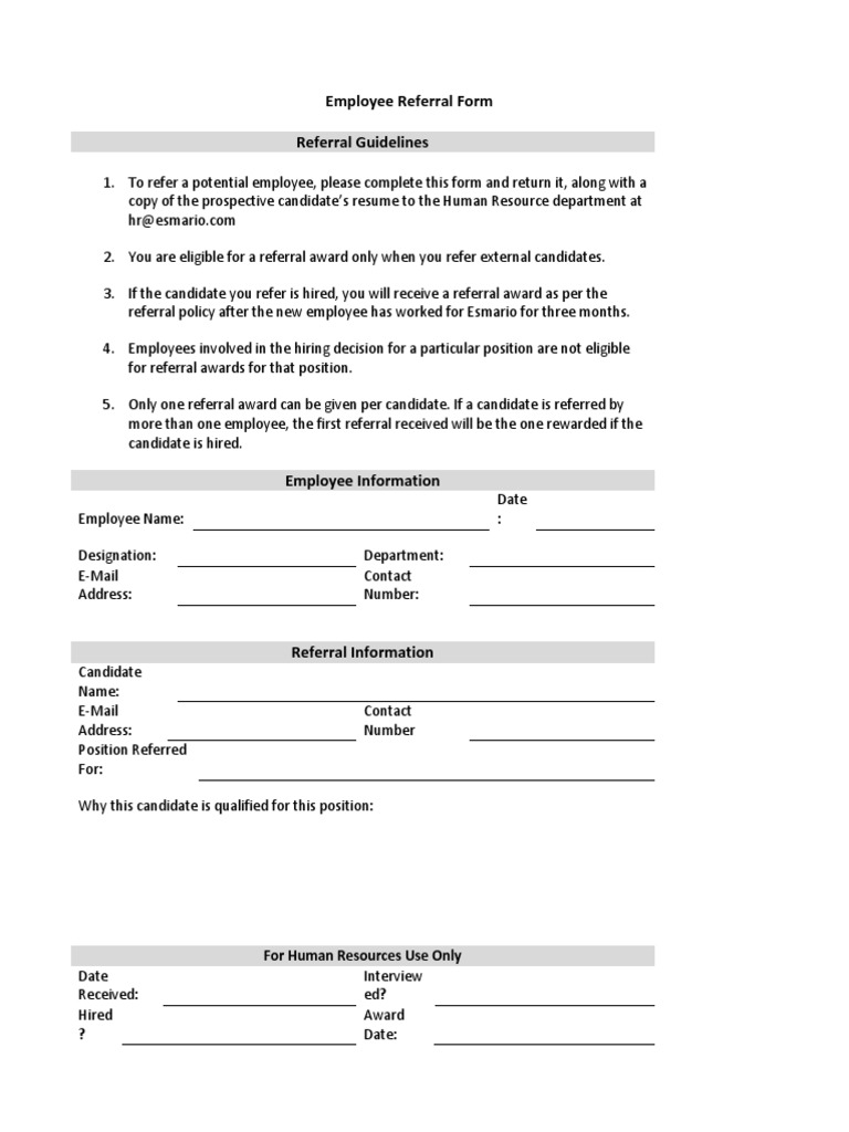 Employee Referral Form Referral Guidelines: For Human Resources Use ...