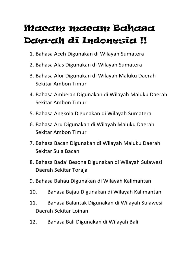 Macam Macam Bahasa Daerah Di Indonesia | PDF