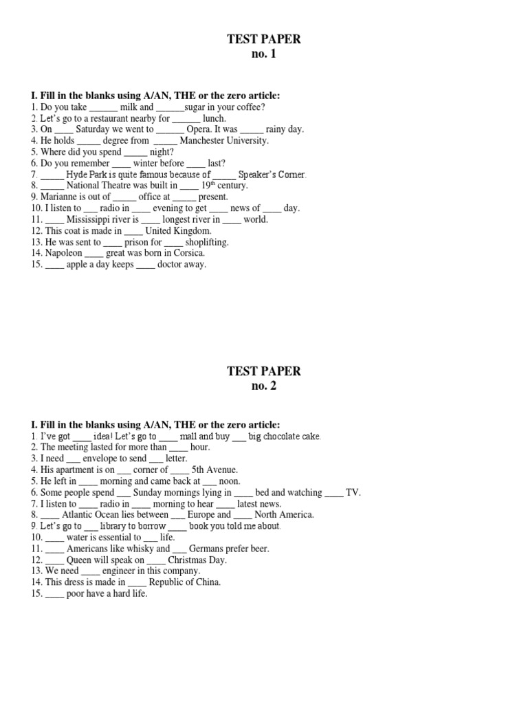 Fill in the Blanks: Articles Test Papers | PDF | Art