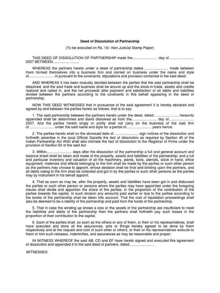 Deed of Dissolution of Partnership | PDF | Partnership | Liquidation