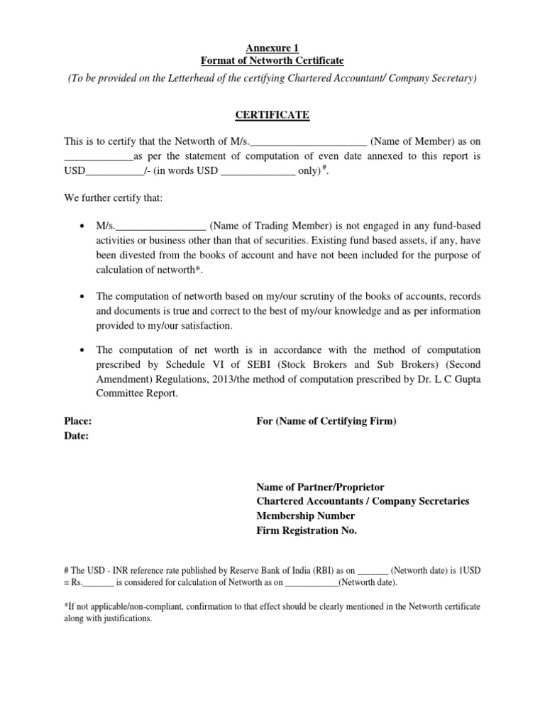 Networth Certificate Format Guide | PDF | Reserve Bank Of India ...