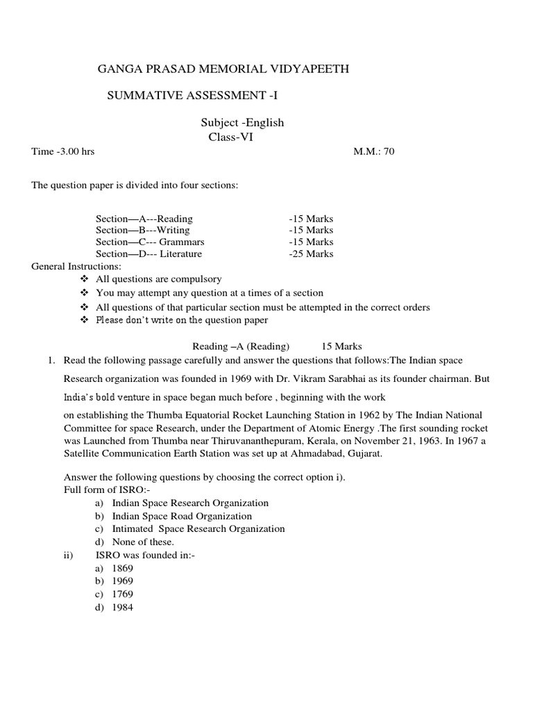 CBSE Class 6 SA1 English Model Question Paper | PDF | Bangalore