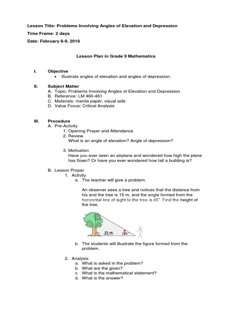 Angles of Elevation and Depression Lesson | PDF | Angle | Teaching ...