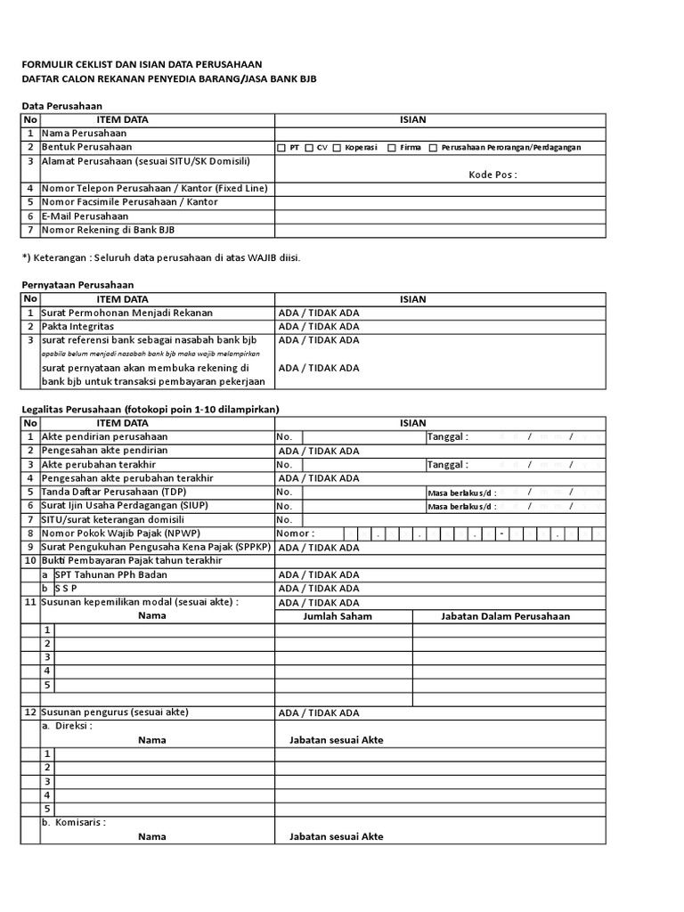 Formulir Check List Dan Isian Data Perusahaan | PDF