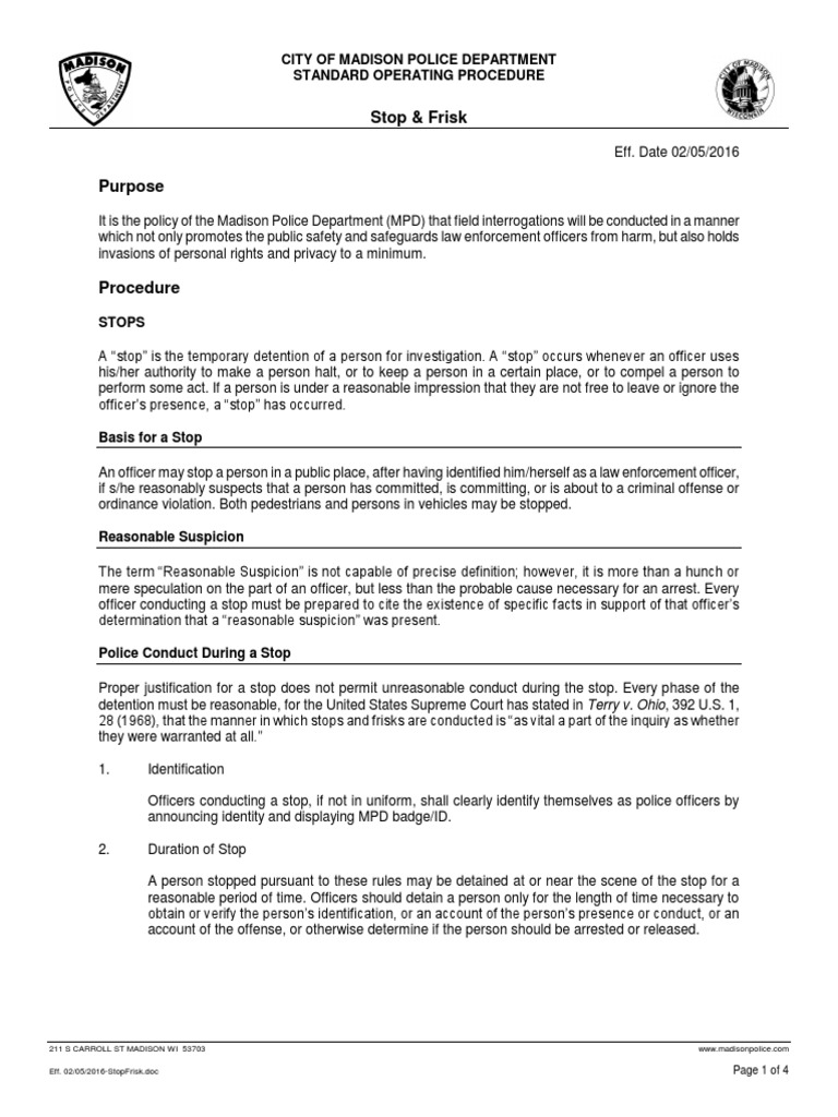 Stop & Frisk: City of Madison Police Department Standard Operating ...