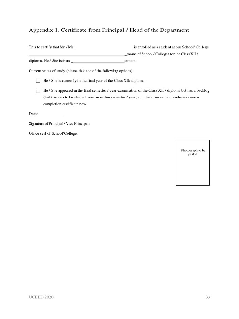 Principal's Certificate for UCEED 2020 | PDF