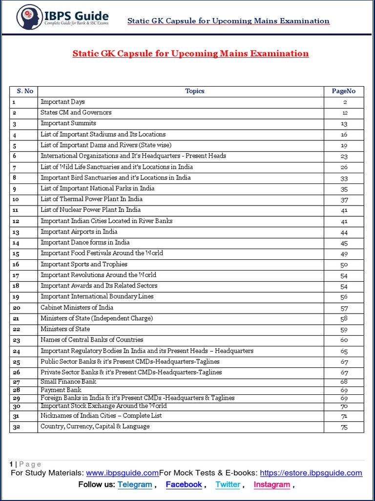 Latest Static GK Capsule For Upcoming 2019 Mains Exams | PDF | Wellness ...