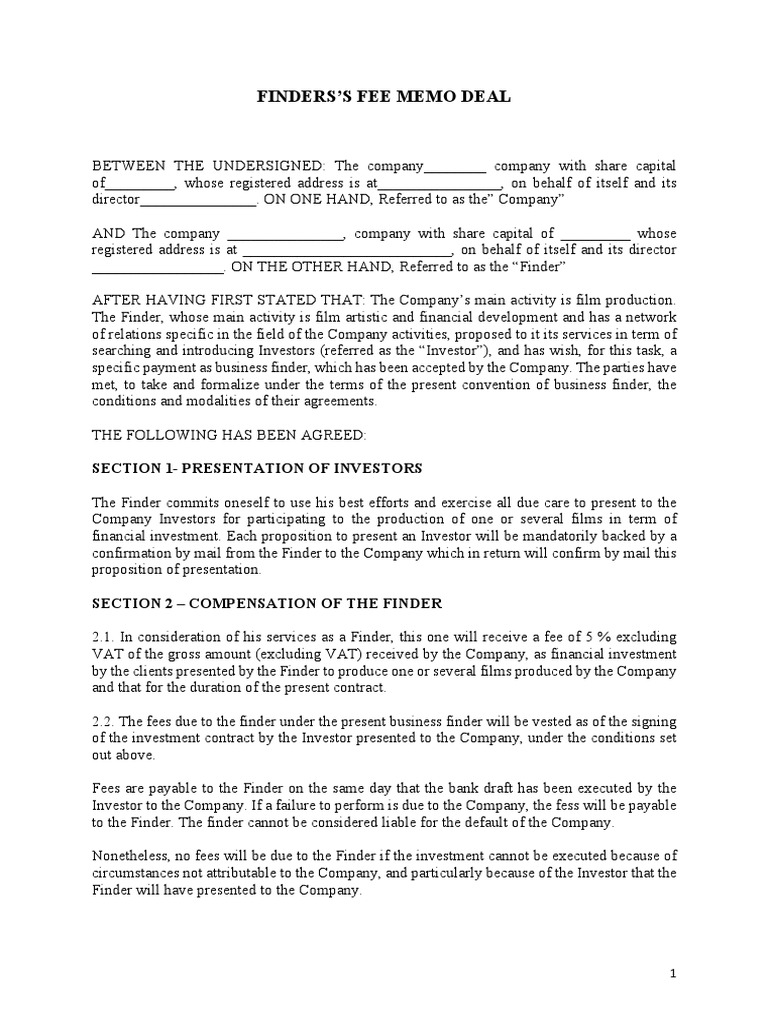 Film Financing Finders' Fee Agreement | PDF | Confidentiality | Investor