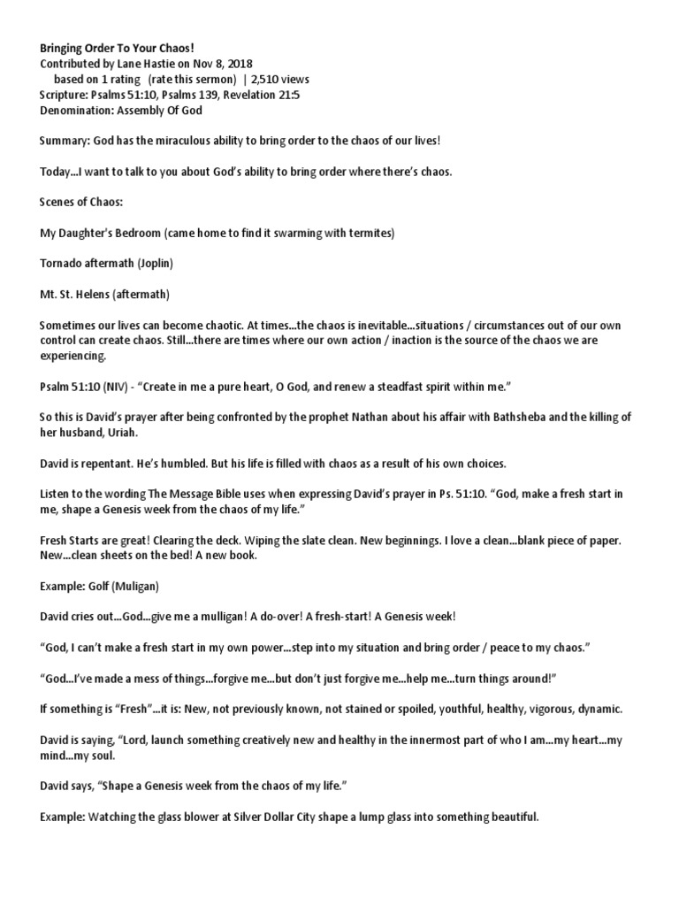 Bringing Order Your Chaos | PDF | David | Genesis Creation Narrative