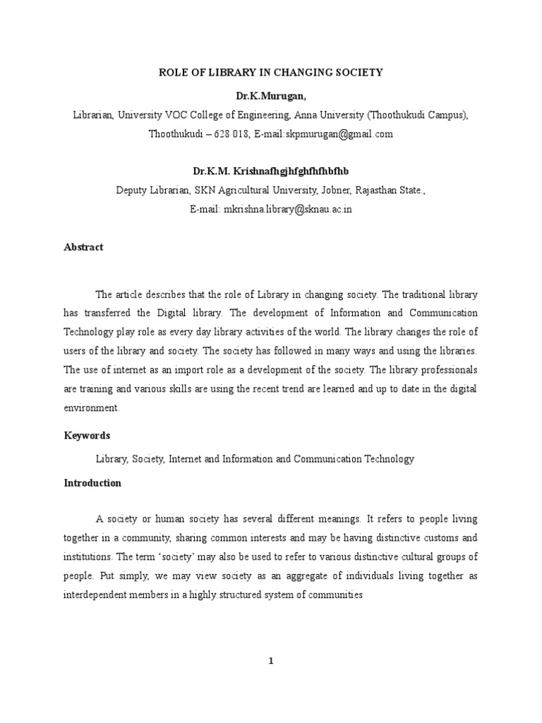 Role of Library in Changing Society Kig | PDF | Libraries | Books