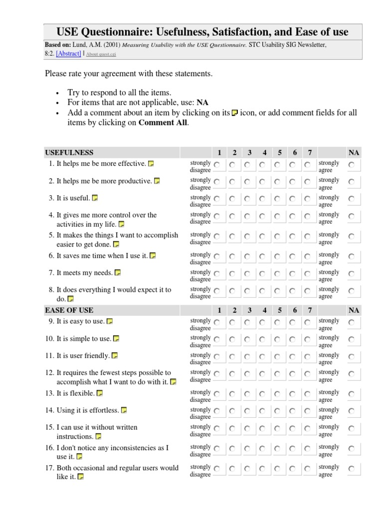 USE Questionnaire: Usefulness, Satisfaction, and Ease of Use | PDF ...