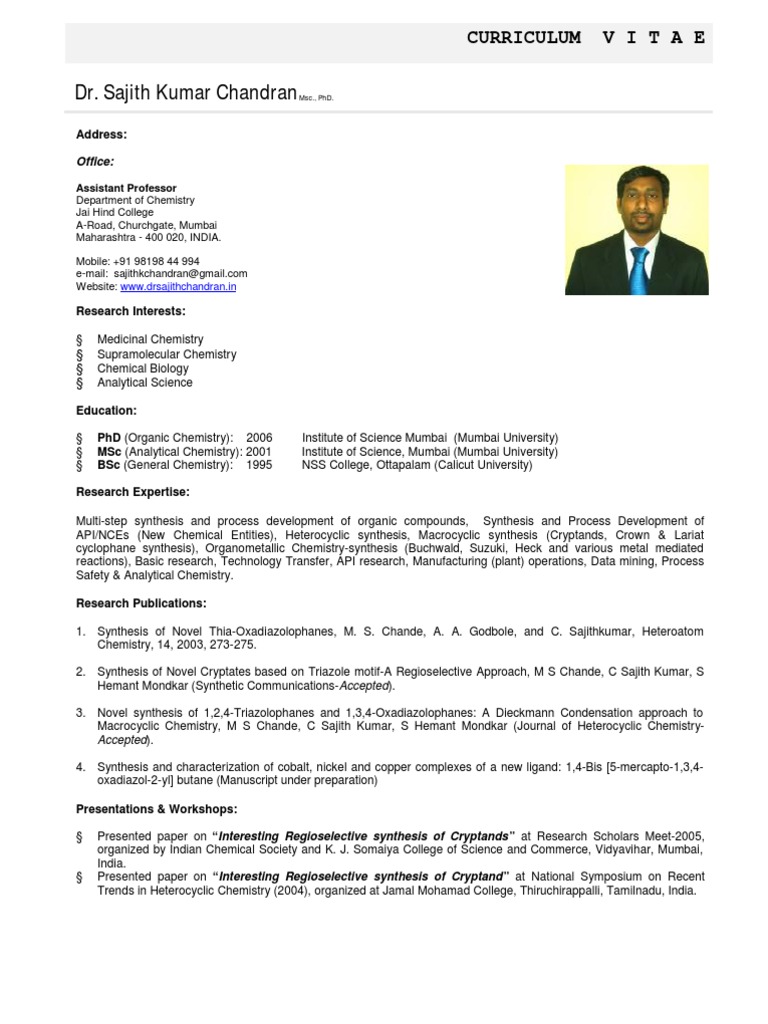 CV - DR Sajith Chandran | PDF | Organic Chemistry | Chemistry